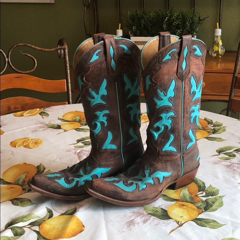 Johnny Ringo Boots With Turquoise Decal Design. - Gem